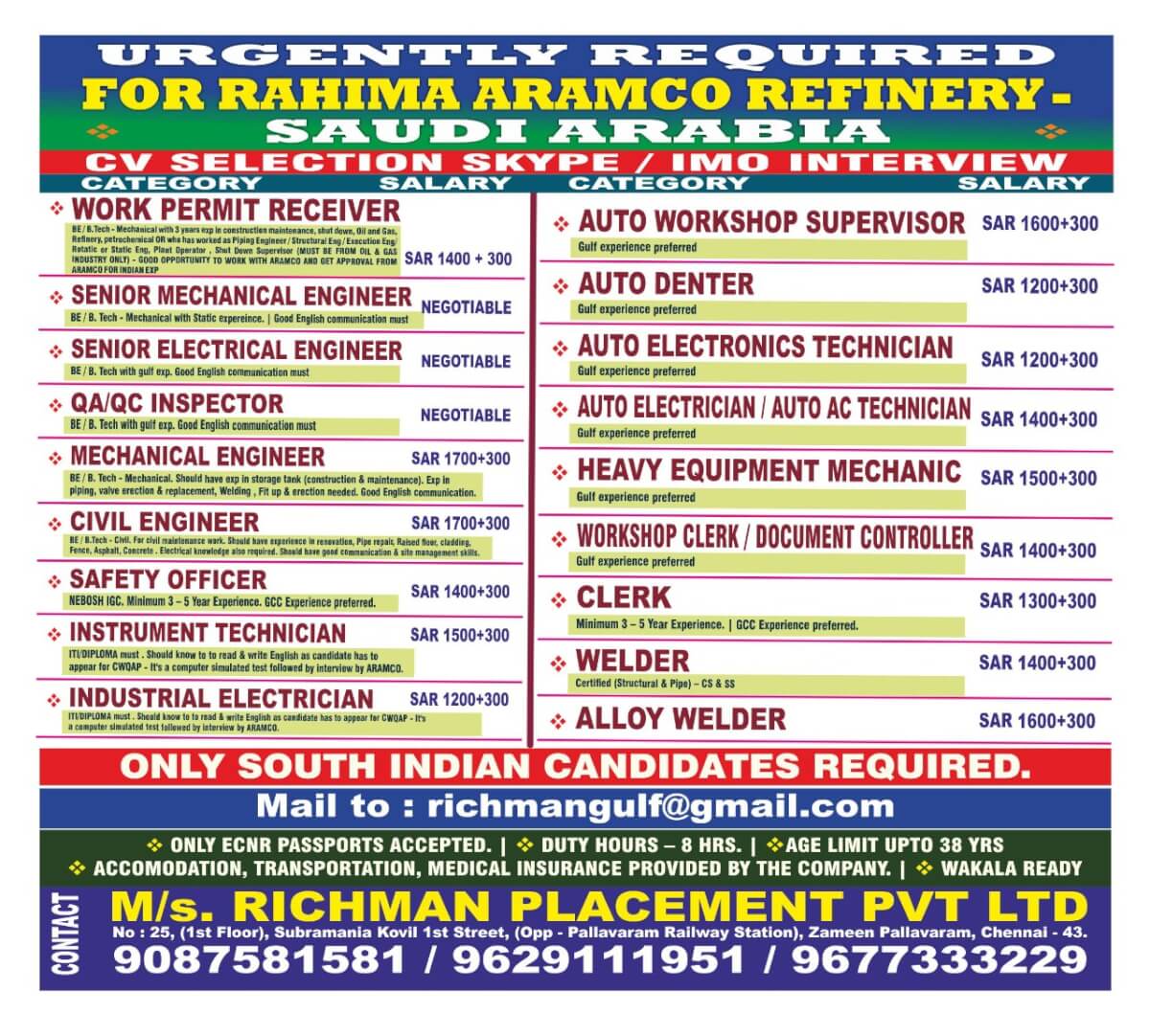 Hiring for Saudi arabia - Rahima Aramco Refinery